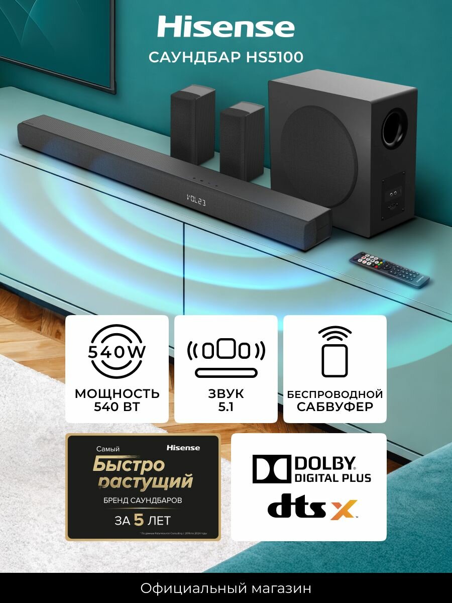 Саундбар для телевизора Hisense HS5100; мощность 540 Вт; беспроводной сабвуфер; тыловые колонки в комплекте; аудиосистема 5.1; поддержка Bluetooth