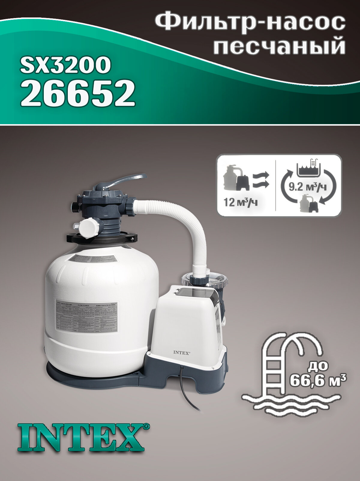 Песчаный фильтр-насос Intex 26652, производительность 12/9,2 м³/ч, для бассейнов до 66,6 м³