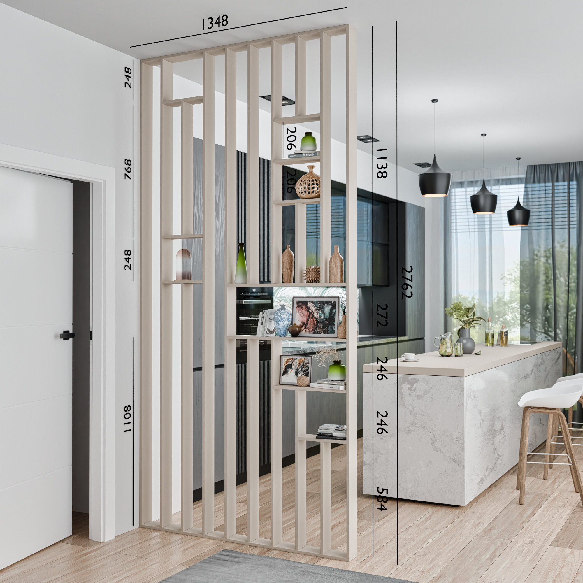 Реечная перегородка с полками для зонирования 1348 мм, Кашемир