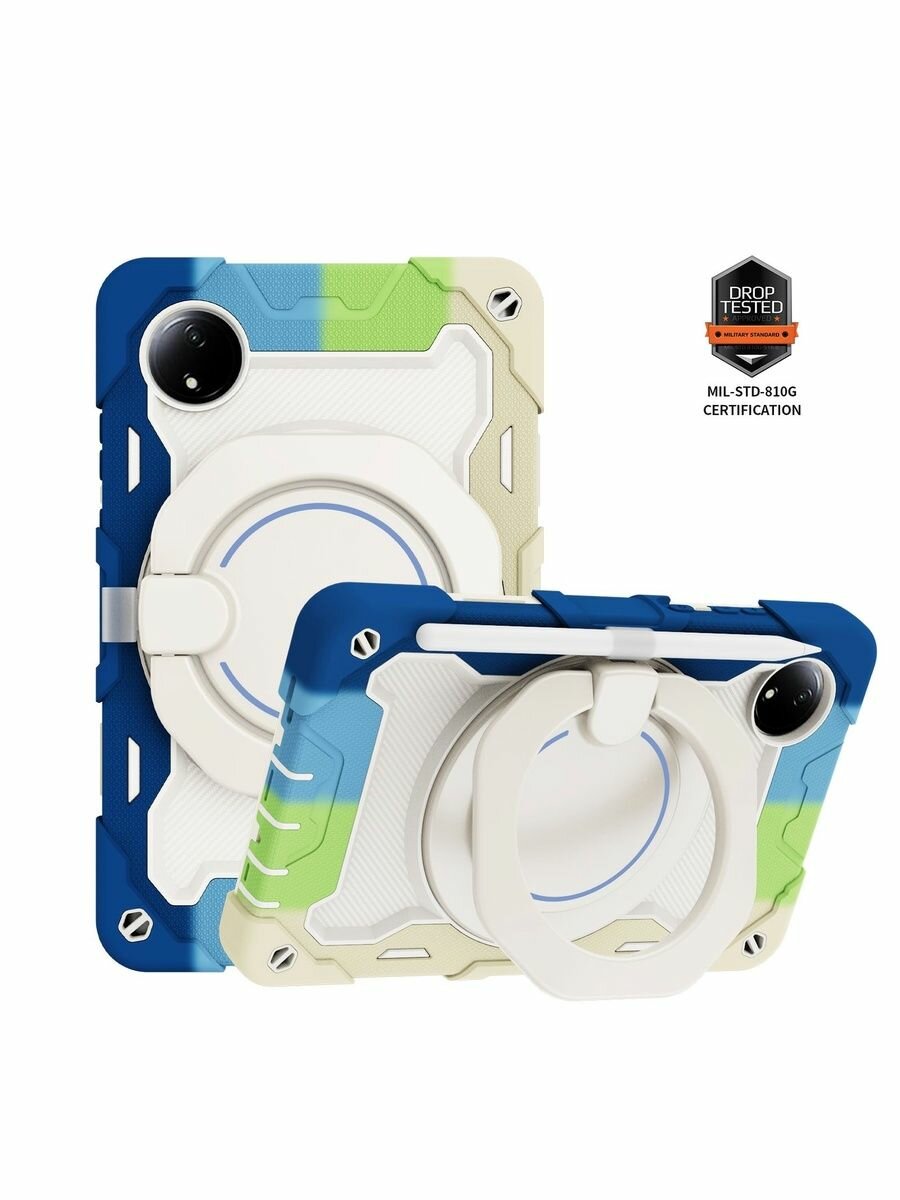 Подходит для Xiaomi Redmi Pad SE 8.7 дюйма 4G (2024)-дюймового ударопрочного чехла для планшета с плечевым ремнем / кронштейном, Синий + белый