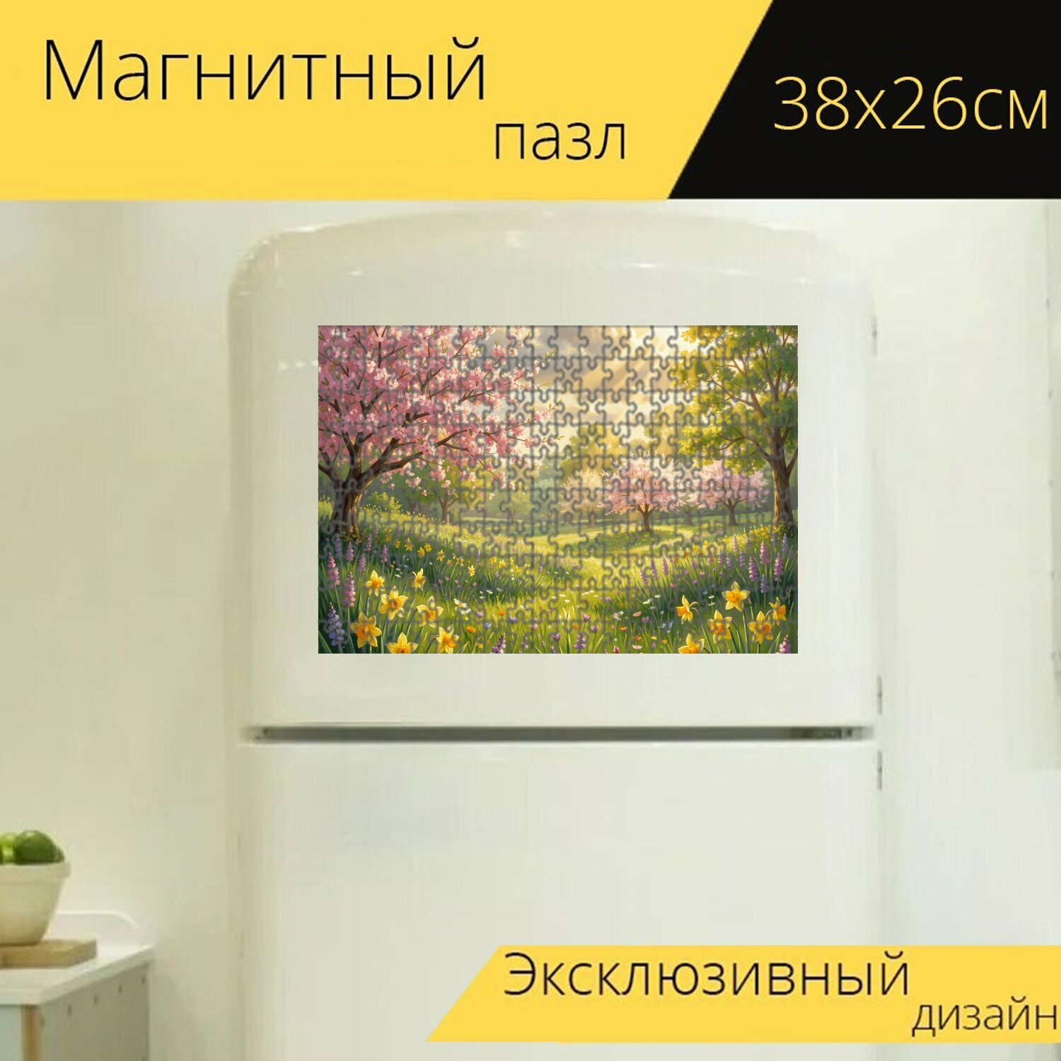 Магнитный пазл "Весенний сад под солнечными лучами. Яркий живописный пейзаж с цветущими деревьями, полевыми цветами и золотыми лучами сквозь облака. Нежные." для интерьера, 38х26 см.
