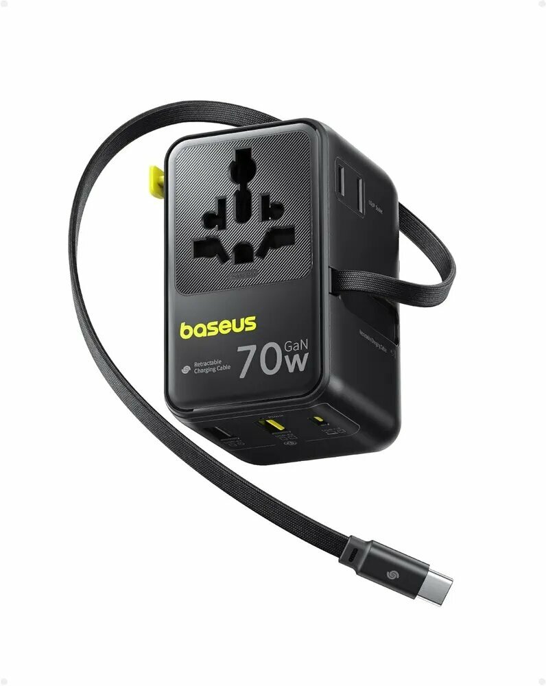 Baseus Enercore CG11 Универсальный туристический адаптер 70W с выдвижным USB-C кабелем, 2AC + 2USB-A + USB-C, черный