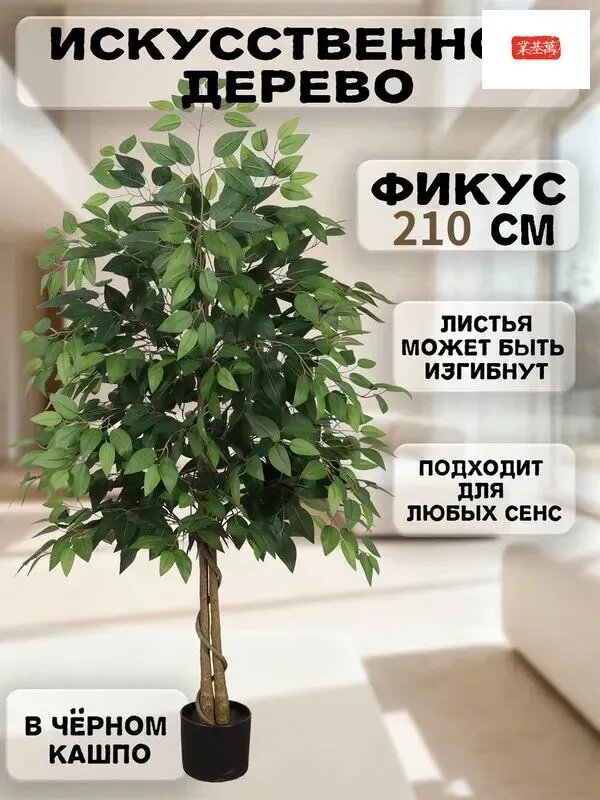 Искусственное дерево Фикус 210 см в чёрном кашпо, искусственные цветы для декора, 1 шт.