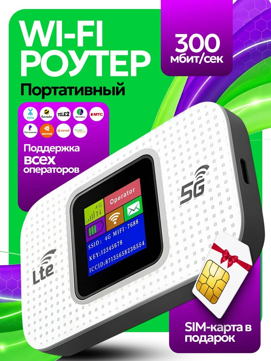 Роутер портативный Wi-Fi 4G/5G с экраном и SIM-картой, 300 Мбит/с. белый (М2)