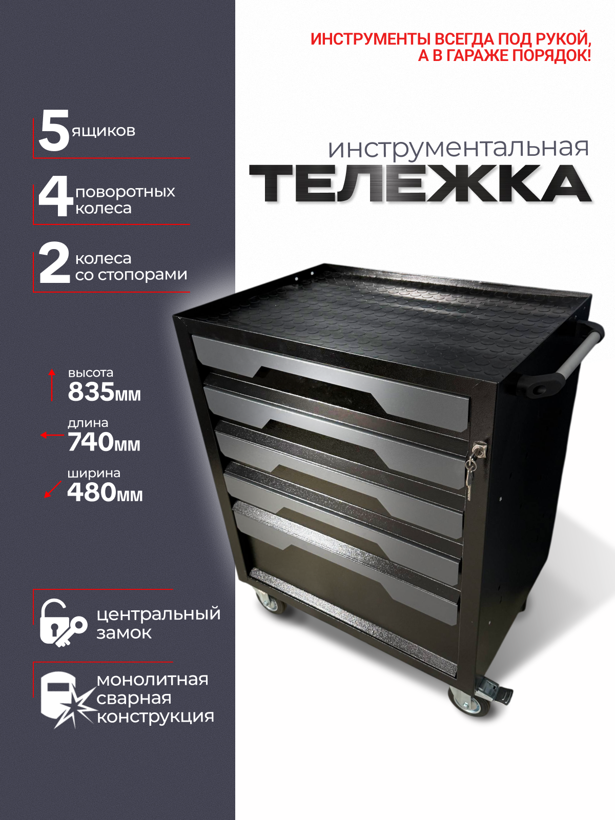 Тележка для инструментов, металлическая, с замком, с 5 выдвижными ящиками, синяя
