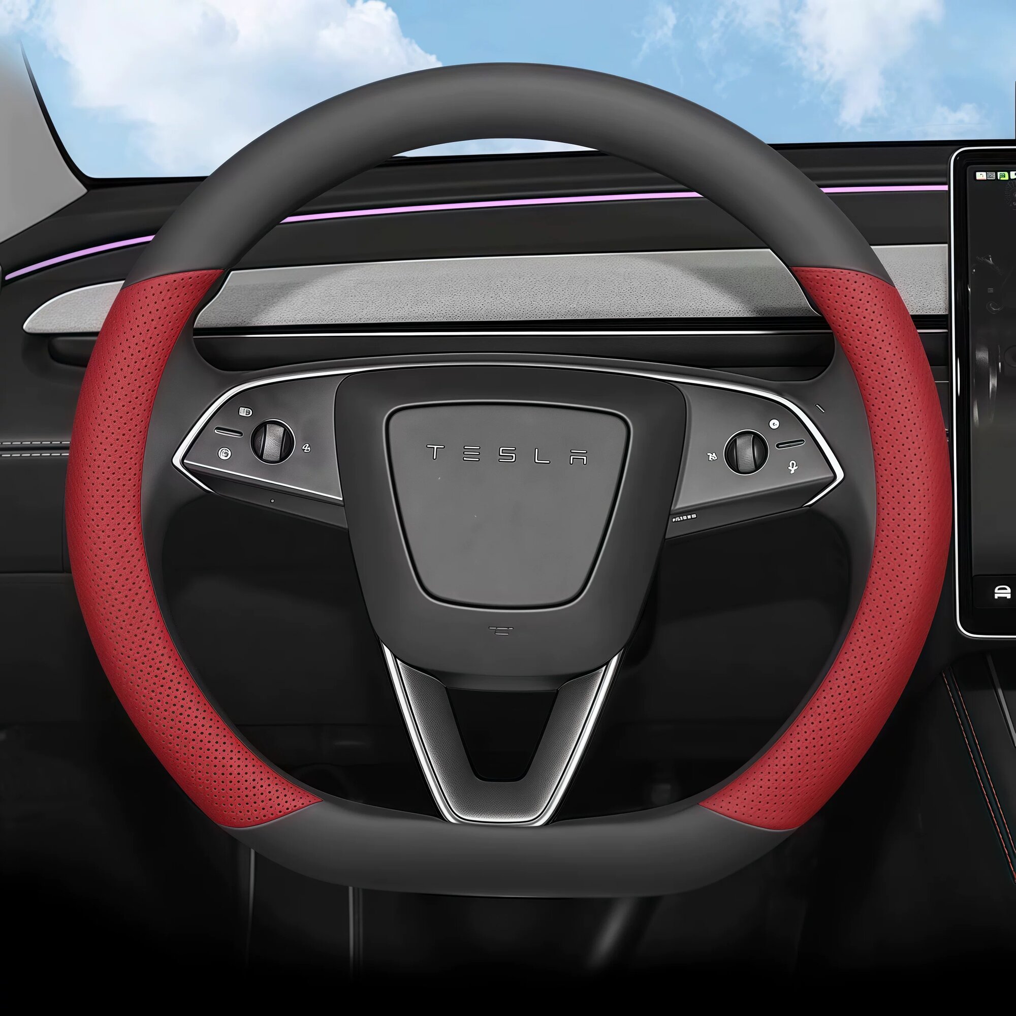 Чехол для рулевого колеса Tesla Model Y Facelift, черно-красный D-стиль, премиальная ткань, подходит для стандартного