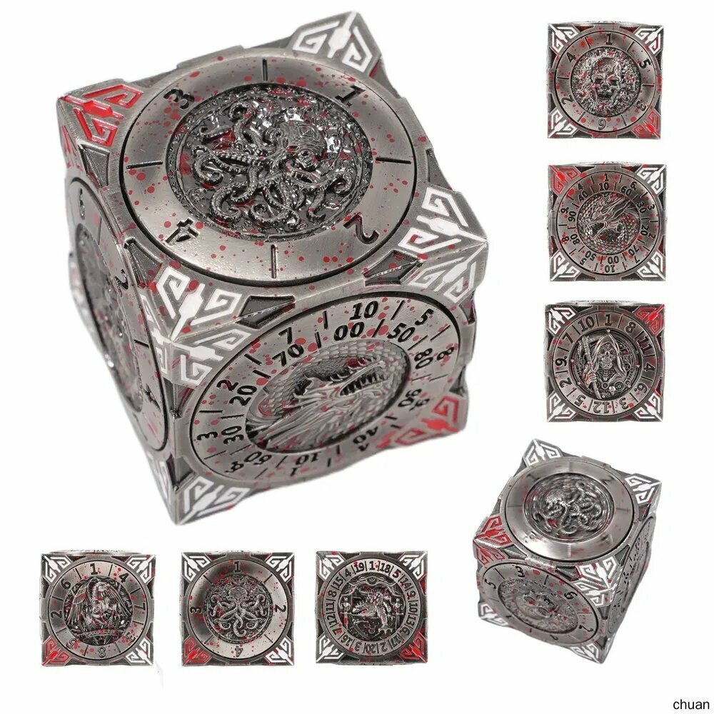 2025 Новые DND Spinner Dice, металлические кубики 7-в-1 с трехмерным облегчением для подземелий и подарков Dragons, многогранных ролевых игровых костей, аксессуаров RPG Fantasy D & D для DM & Player.