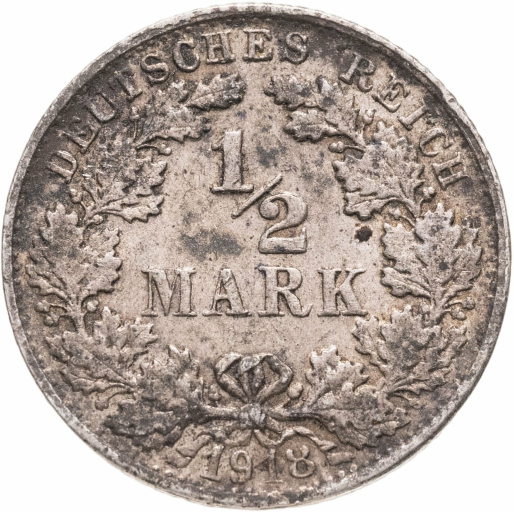 Германия 1/2 марки 1918, знак монетного двора: "F" - Штутгарт, Серебро 900, в сохранности VF