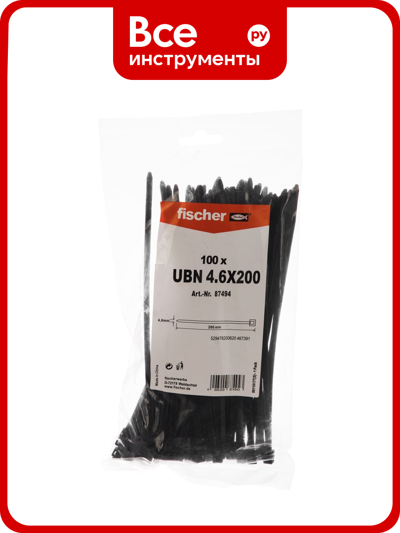 Кабельная стяжка Fischer UBN 4.6X200 устойчивая к УФ 100 шт. 87494 ультрафиолетоустойчивая для наружного монтажа