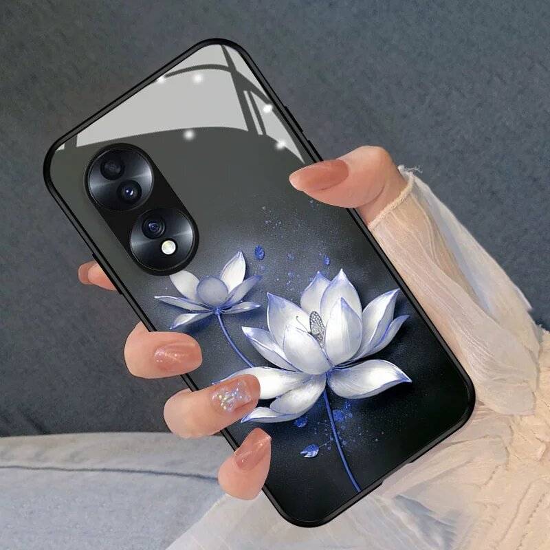 Чехол для Honor 50 Pro с зеркальным стеклом - узор синий чернильный лотос, ультратонкий