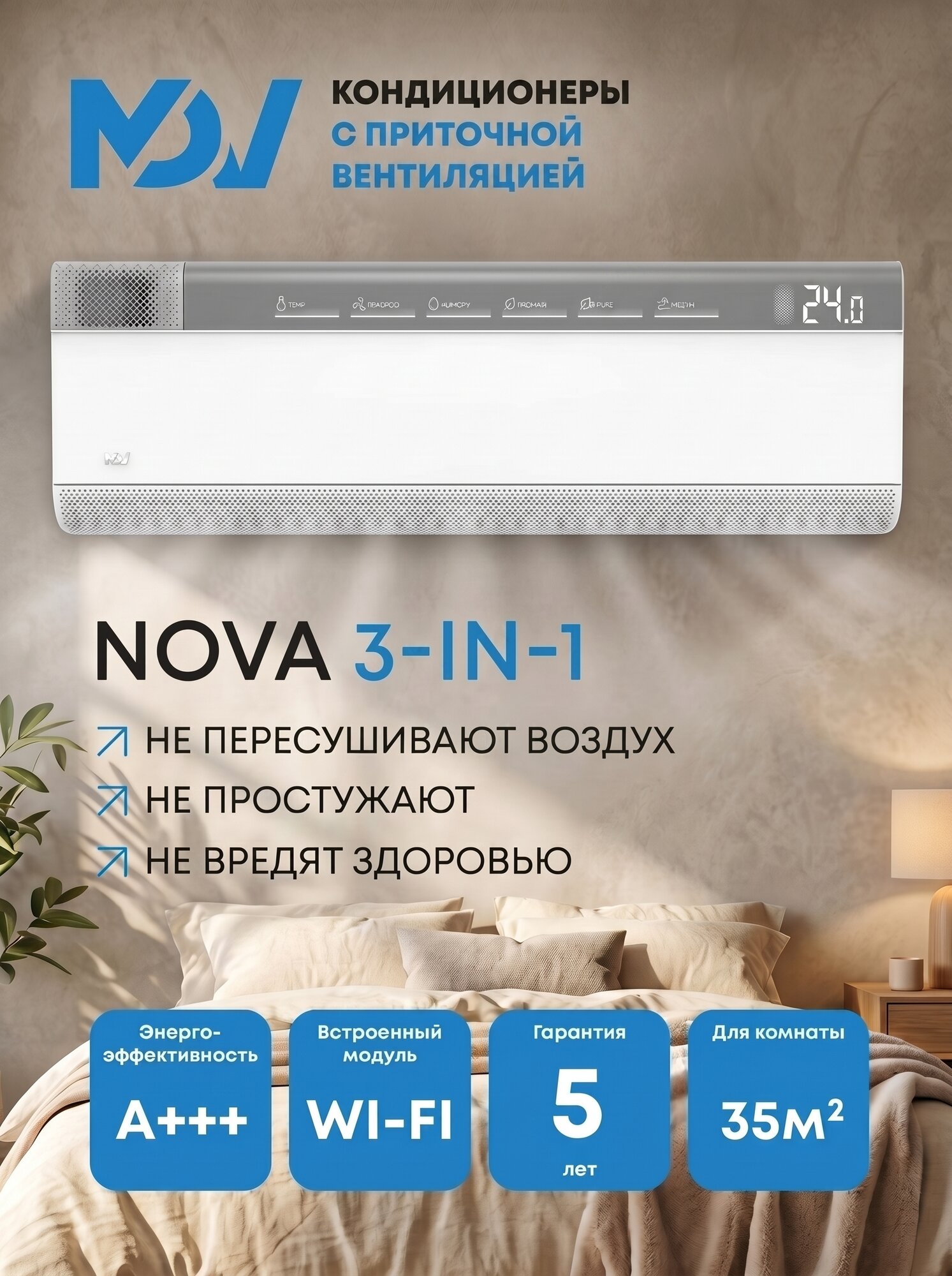 Сплит-система, кондиционер инвертор MDV серия NOVA 3-IN-1 MDSAH-12HRFN8/MDOAH-12HFN8, 35 кв. м, встроенный Wi-Fi модуль