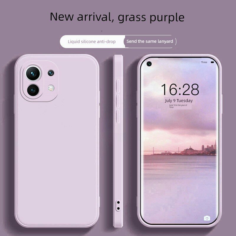Жидкий силиконовый чехол для Xiaomi 11 - Цвет орхидея пурпурный, узкий дизайн, включая защитное стекло и жидкую ленту