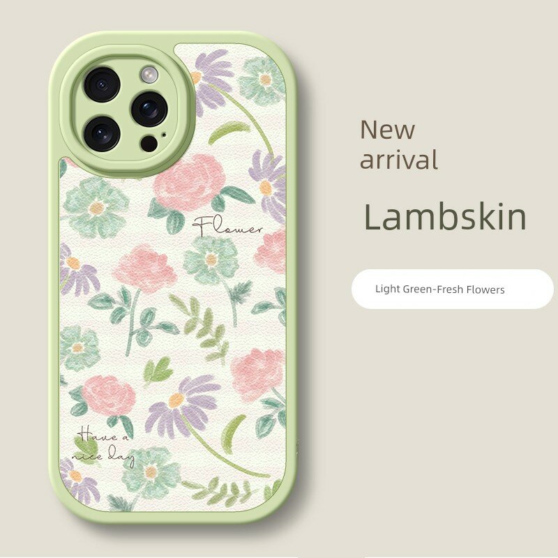 Чехол для iPhone 16 Plus из мягкой кожаной ткани светло-зеленый с цветочным рисунком