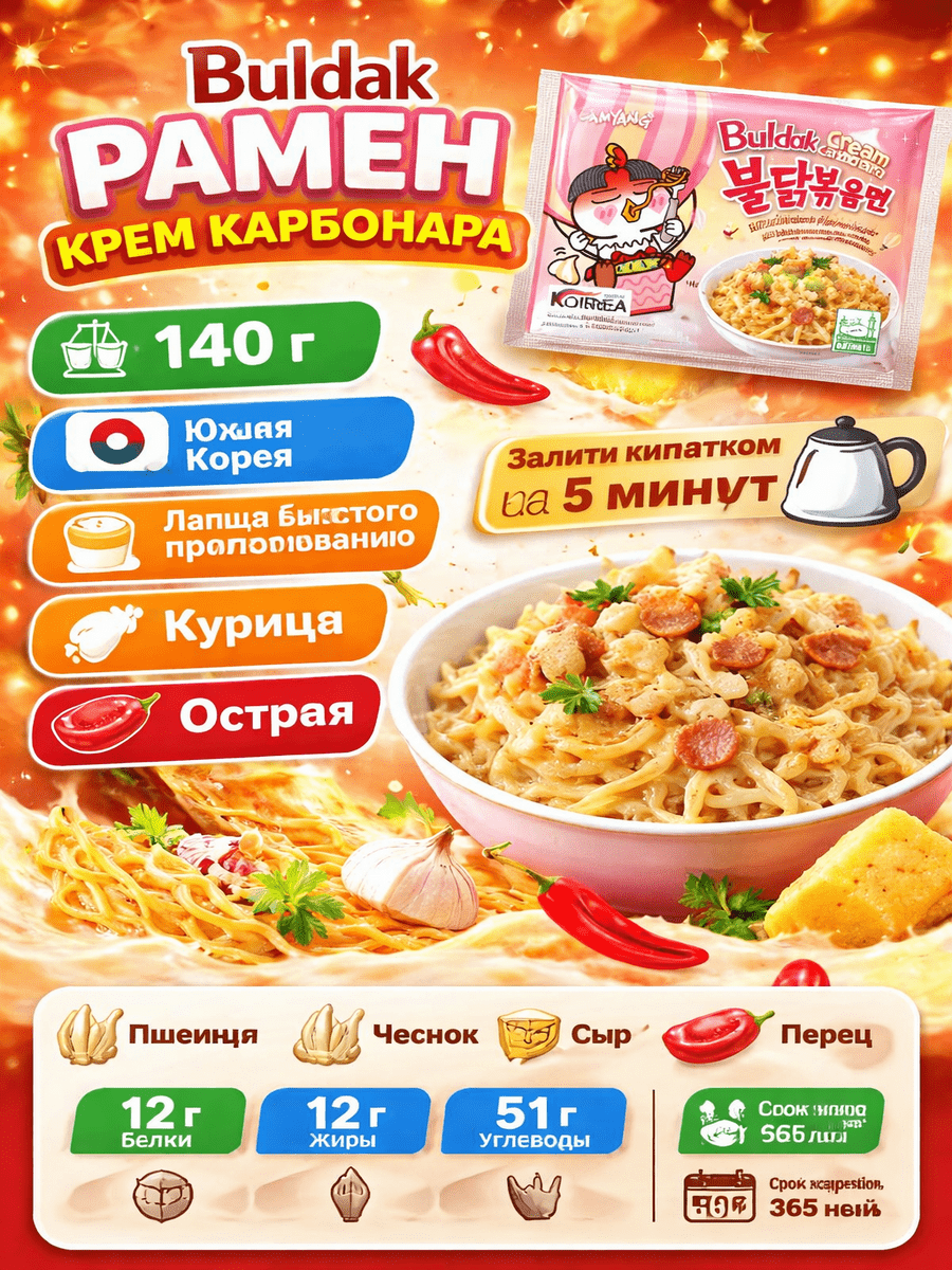 Лапша быстрого приготовления Buldak Рамен крем карбонара куриная и карбонара острая, 140г