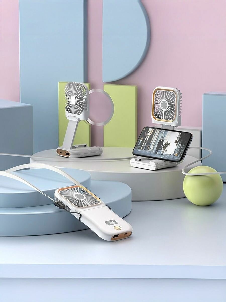 Складной ручной вентилятор с цифровым дисплеем, USB-зарядка, функция повербанка, подставка для телефона, портативный для спорта