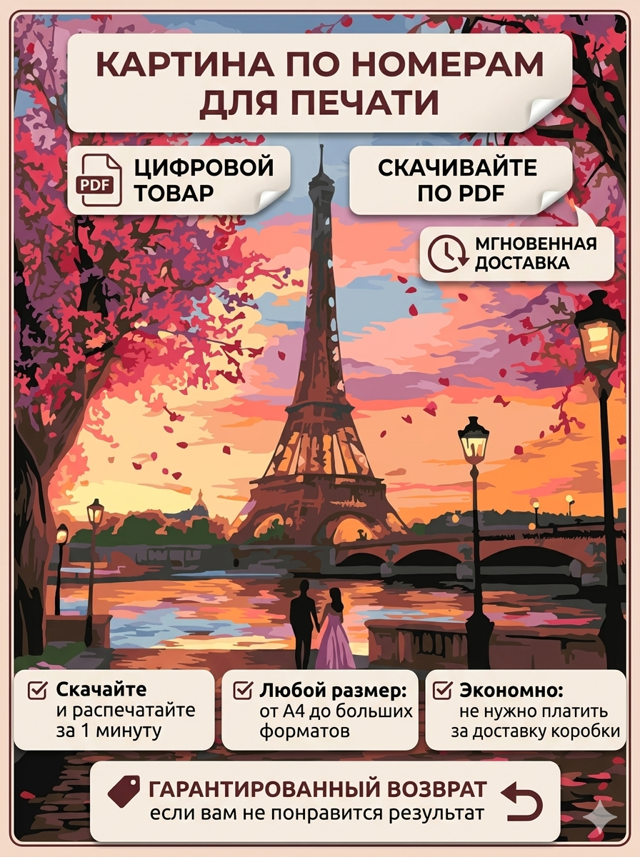Картина по номерам "Париж и Эйфелевая башня", на холсте, PDF-инструкция