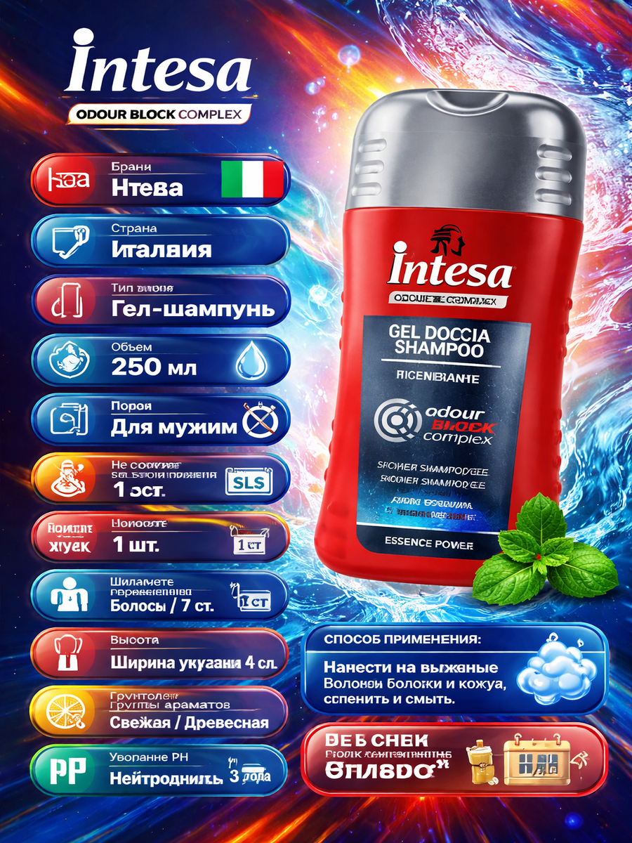 Гель для душа и шампунь Intesa Odour Block Complex, 250мл