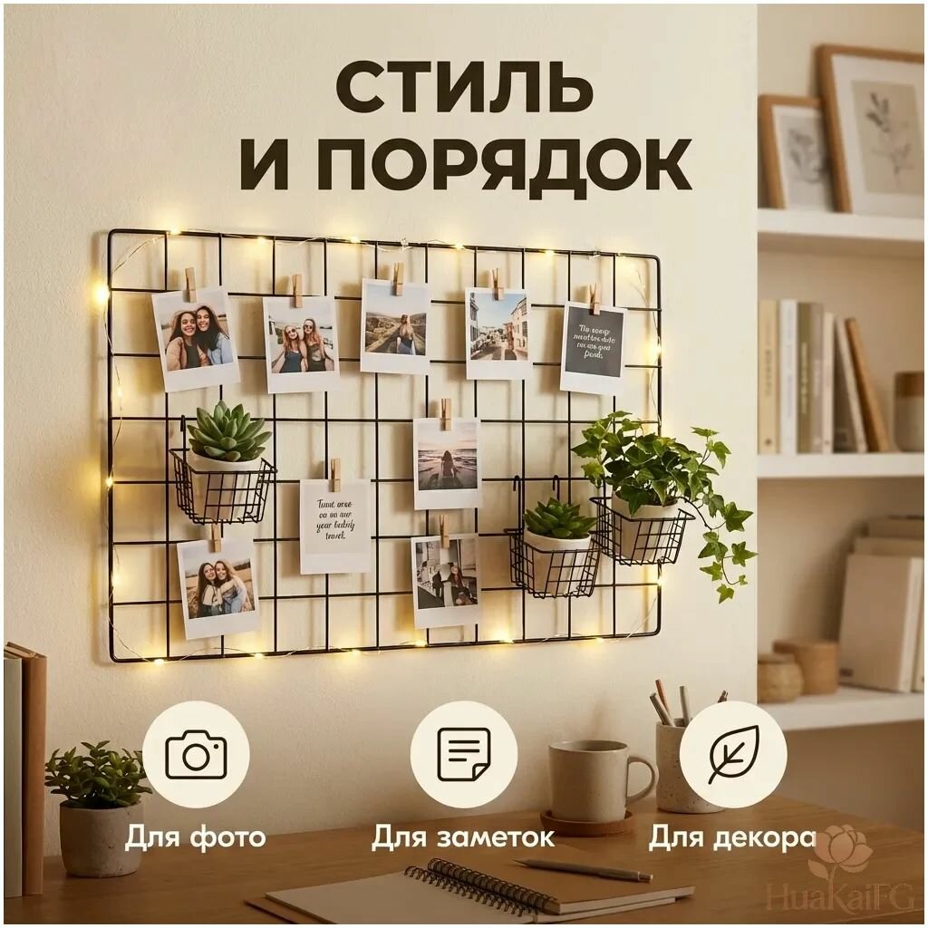 Мудборд настенный 50х30 см / Сетка держатель для фотографий металлическая, черный