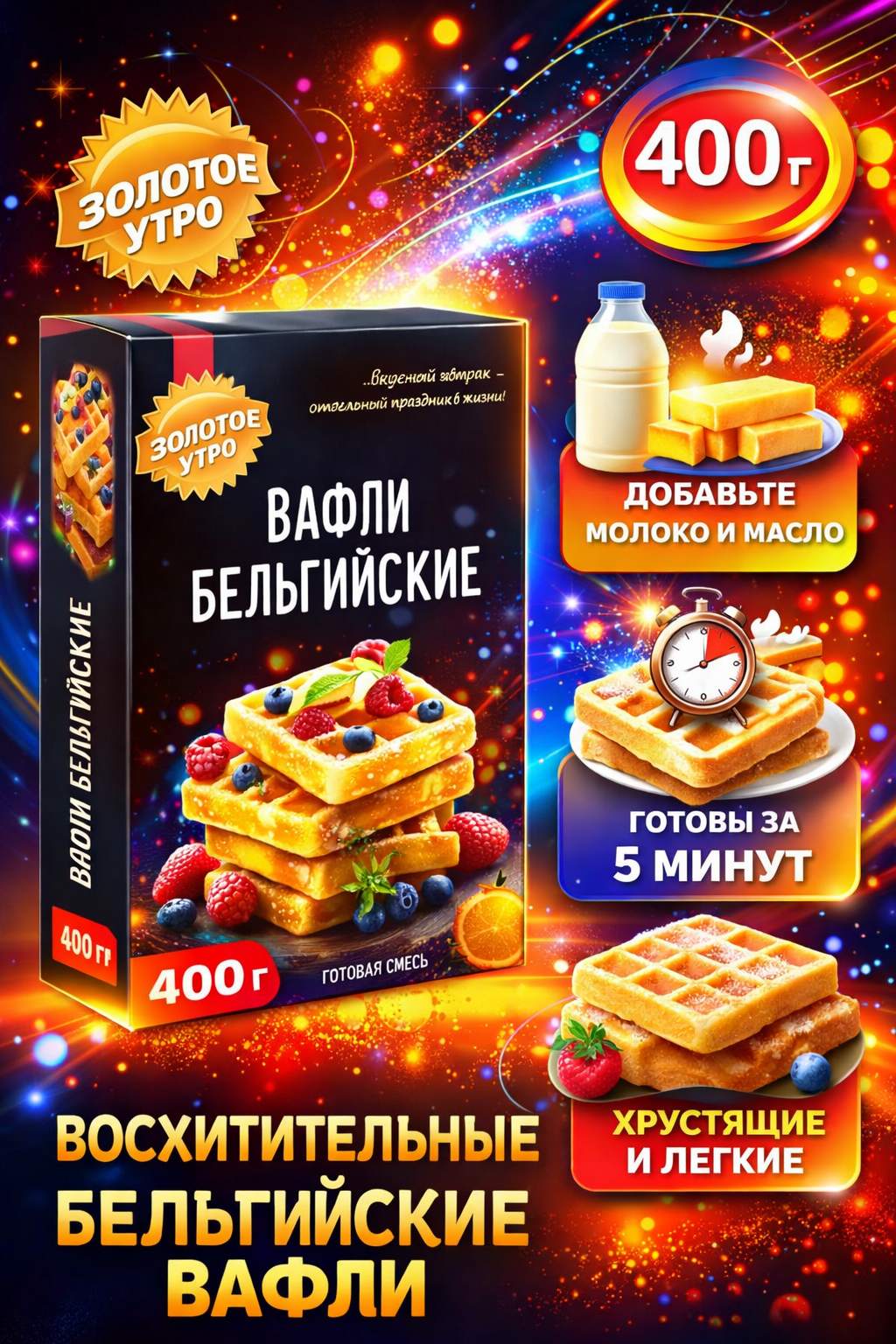 Смесь для выпечки «Золотое утро» — Вафли бельгийские, 400 г