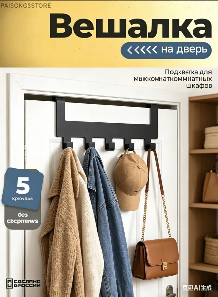 Крючки на дверь без сверления для арендаторов Без следов 5 крючков