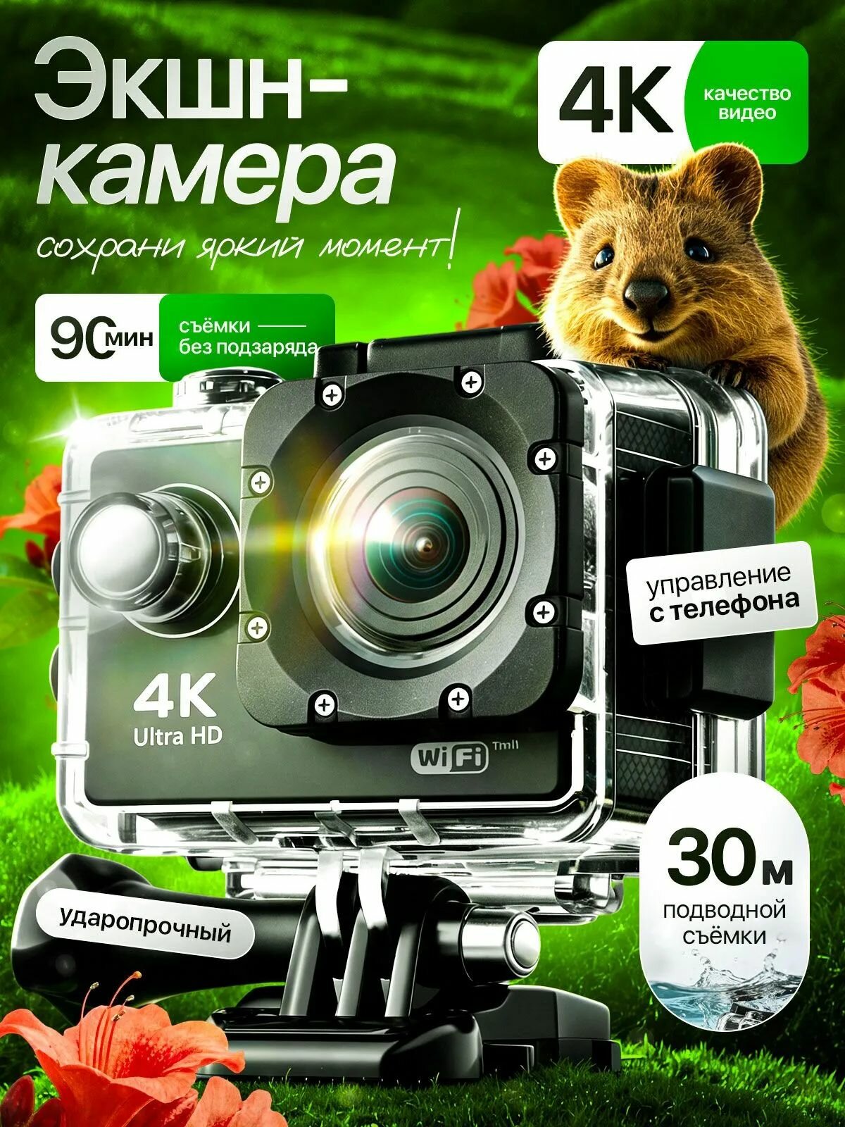 Экшн-камера 4K водонепроницаемая с креплениями и защитным кейсом, для съёмки видео и фото