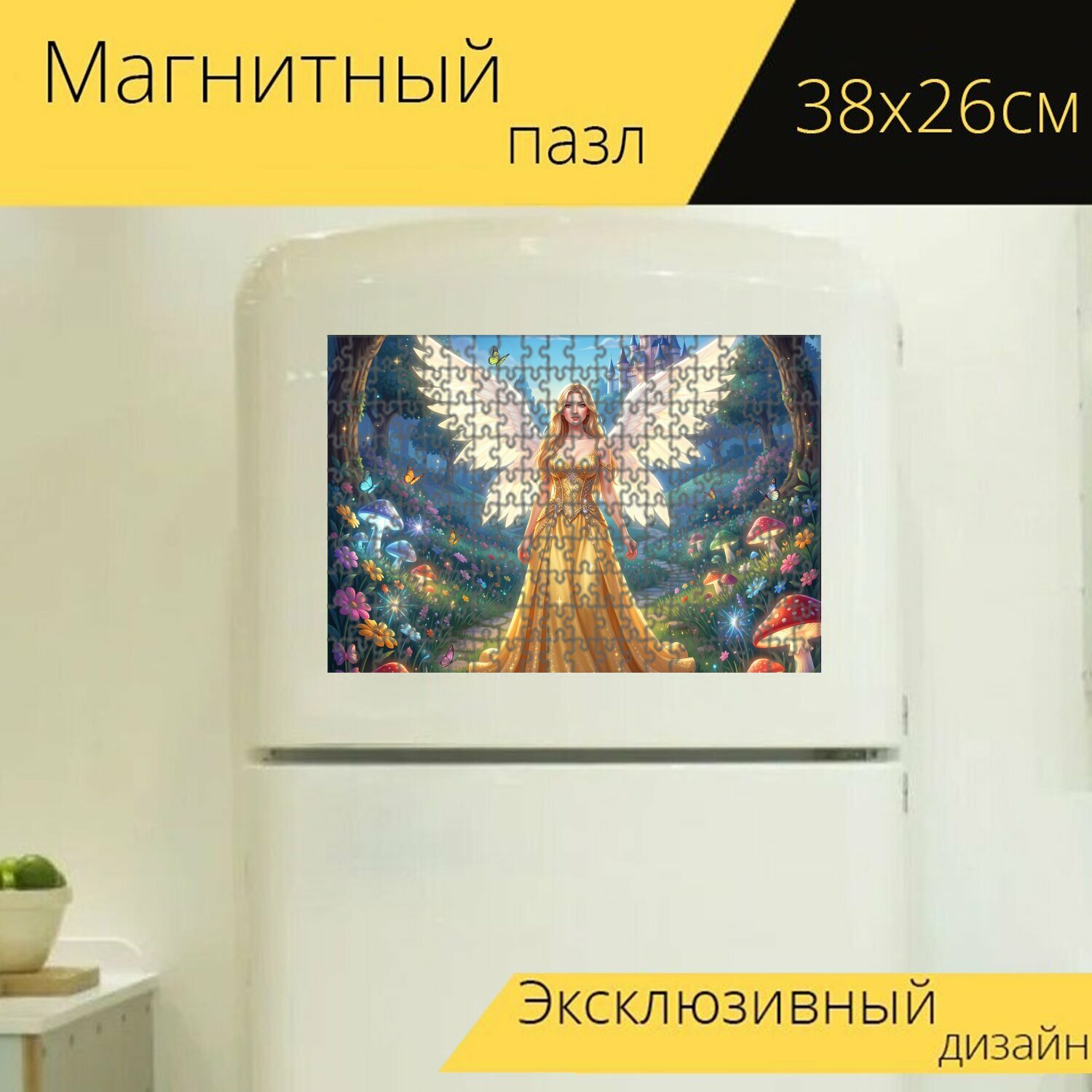 Магнитный пазл "Ангел в волшебном лесу. Сказочная девушка с белоснежными крыльями в сияющем золотом платье, лес с светящимися грибами, бабочками и замком на." для интерьера, 38х26 см.