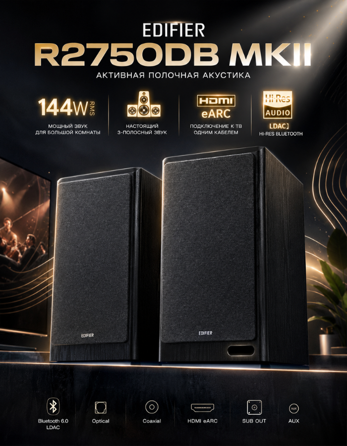 Акустика Edifier R2750DB MKII, 2.0, 144 Вт, МДФ, Bluetooth 6.0 (черный)