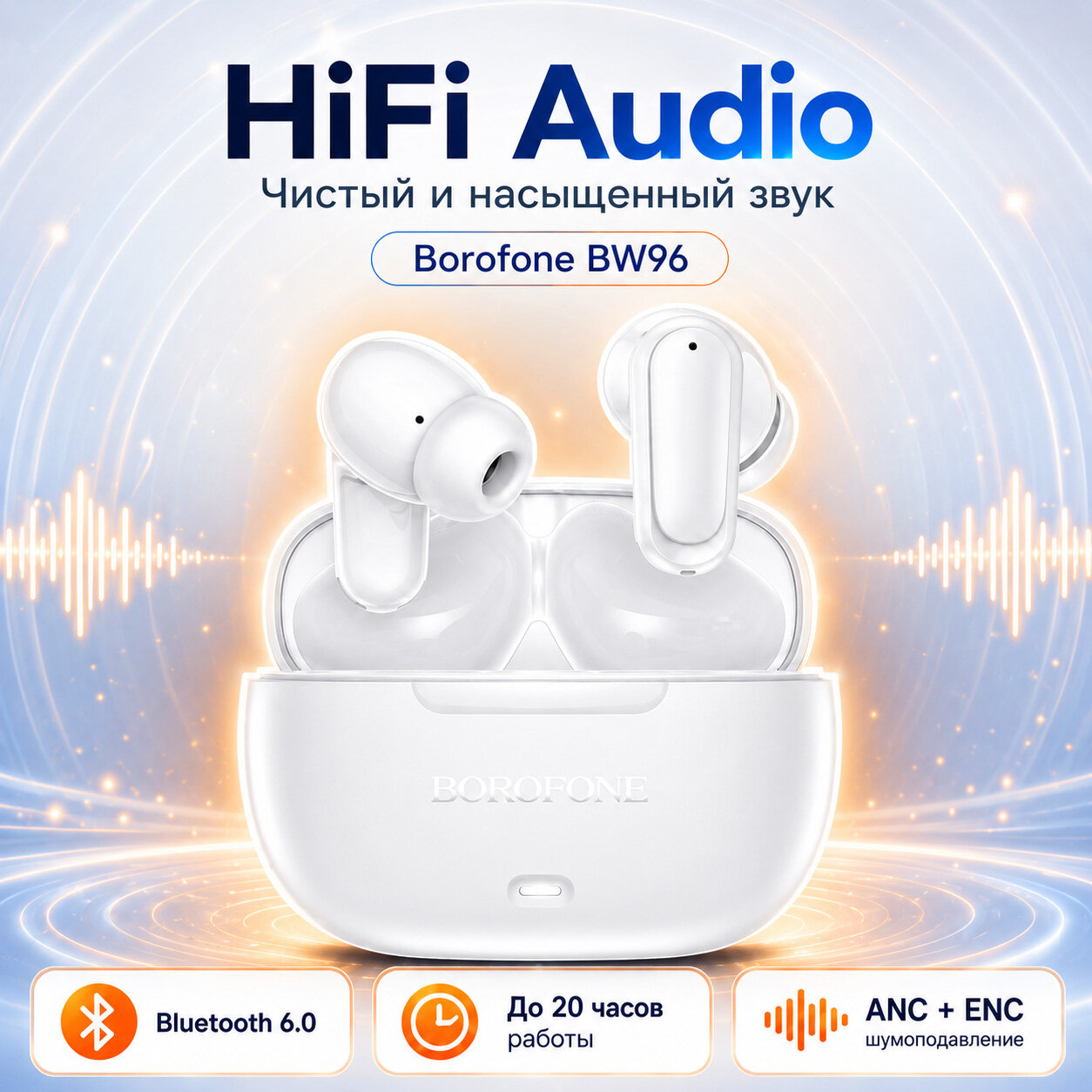 Borofone Беспроводные наушники BOROFONE BW96 Mellow Sound с ANC+ENC шумоподавлением, белые