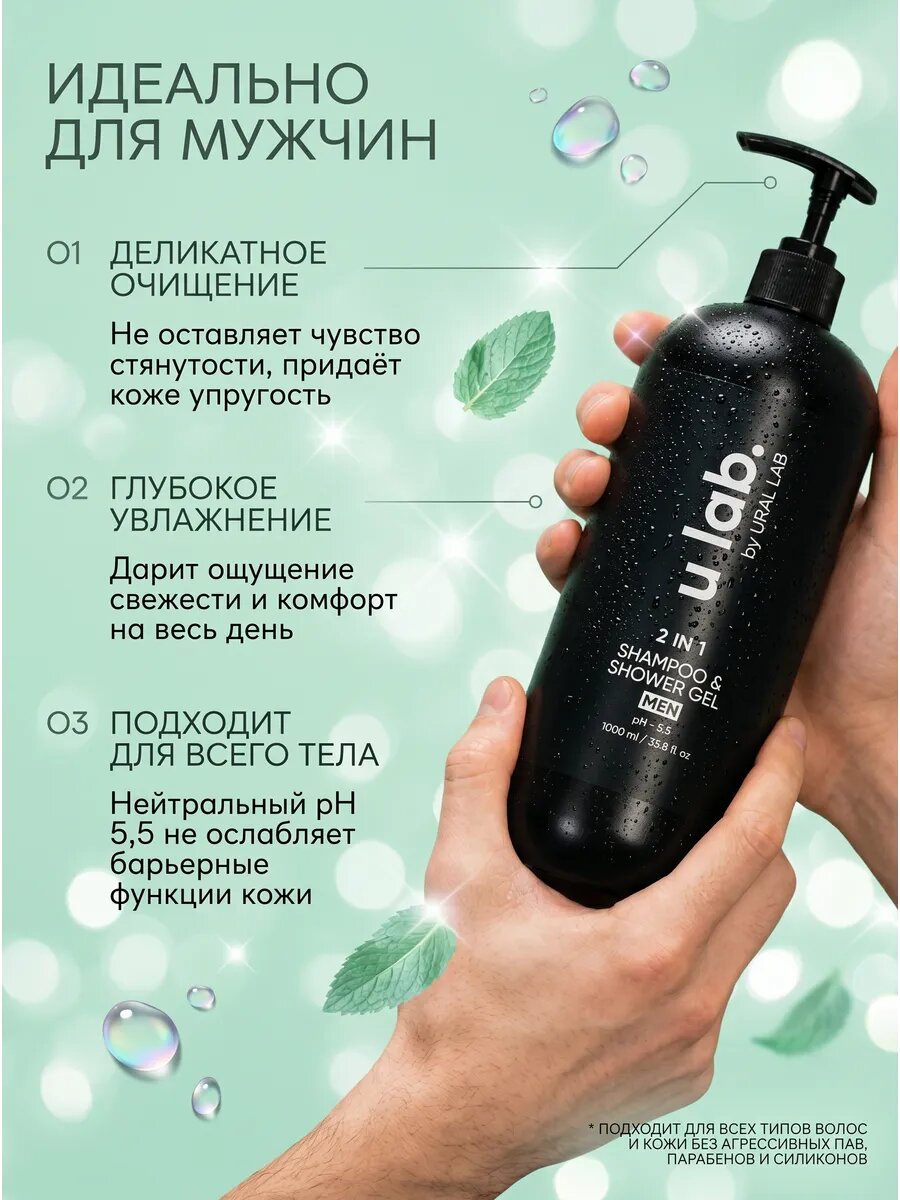 Шампунь-гель ULAB, мужской, для всех типов волос, с ментолом, 1 л — фото 1