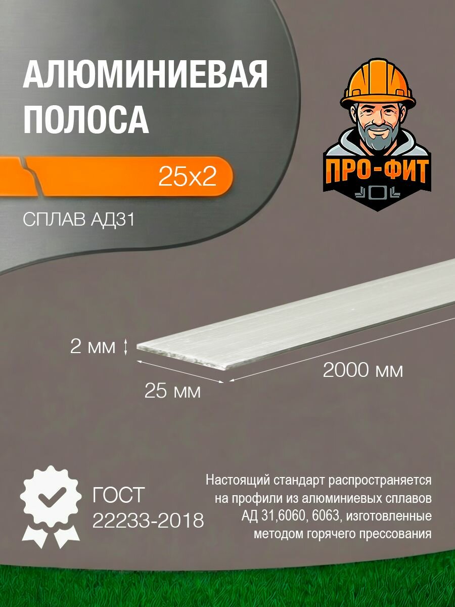 Полоса алюминиевая АД31, 25х2 2000 мм, серебристая, без покрытия