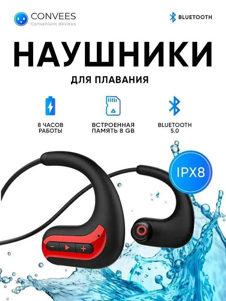 Наушники для плавания водонепроницаемые IPX8. MP3 8Gb. Bluetooth. Плеер водонепроницаемый