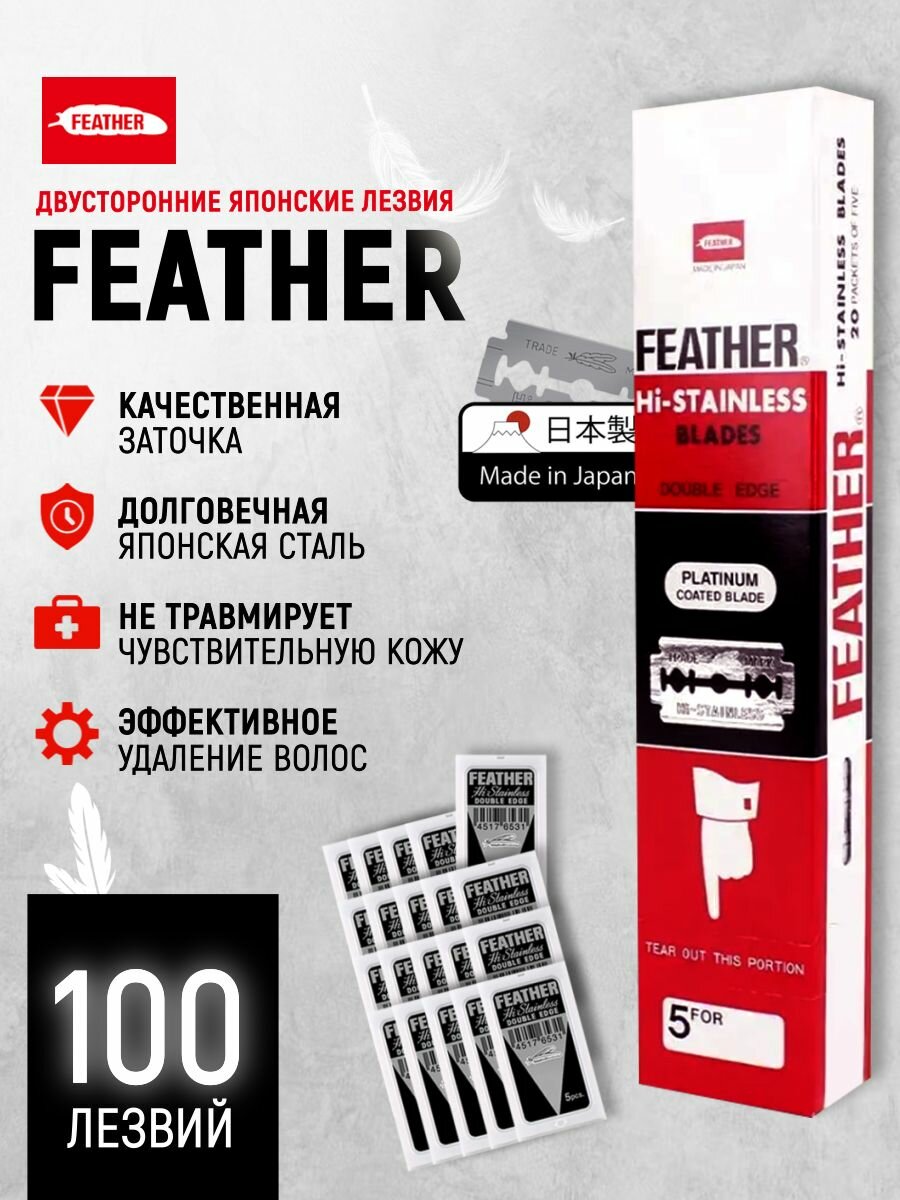 Двусторонние лезвия японские для Бритвы FEATHER "Hi-Stainless Double Edge ", в диспенсере, классические, для T-образных бритв и шаветок, 20 упаковок 100 лезвий