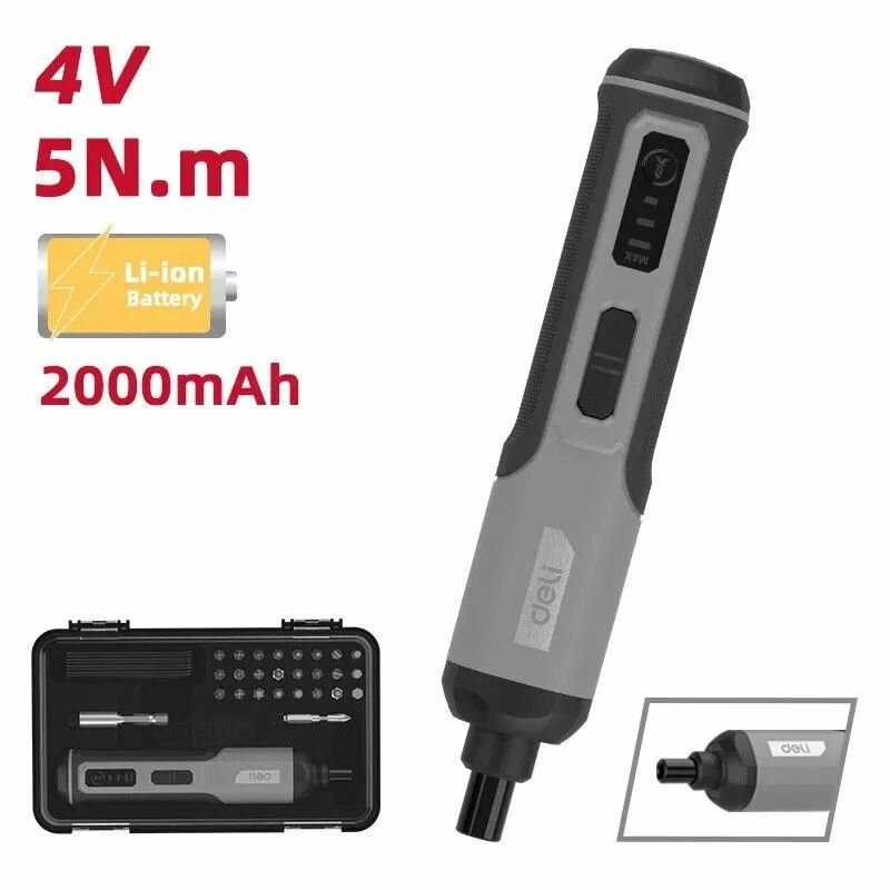 Отвёртка аккумуляторная (4В, 2А*ч, 5Нм, 300об/мин, Type-C, набор бит 24 шт, кейс) Deli