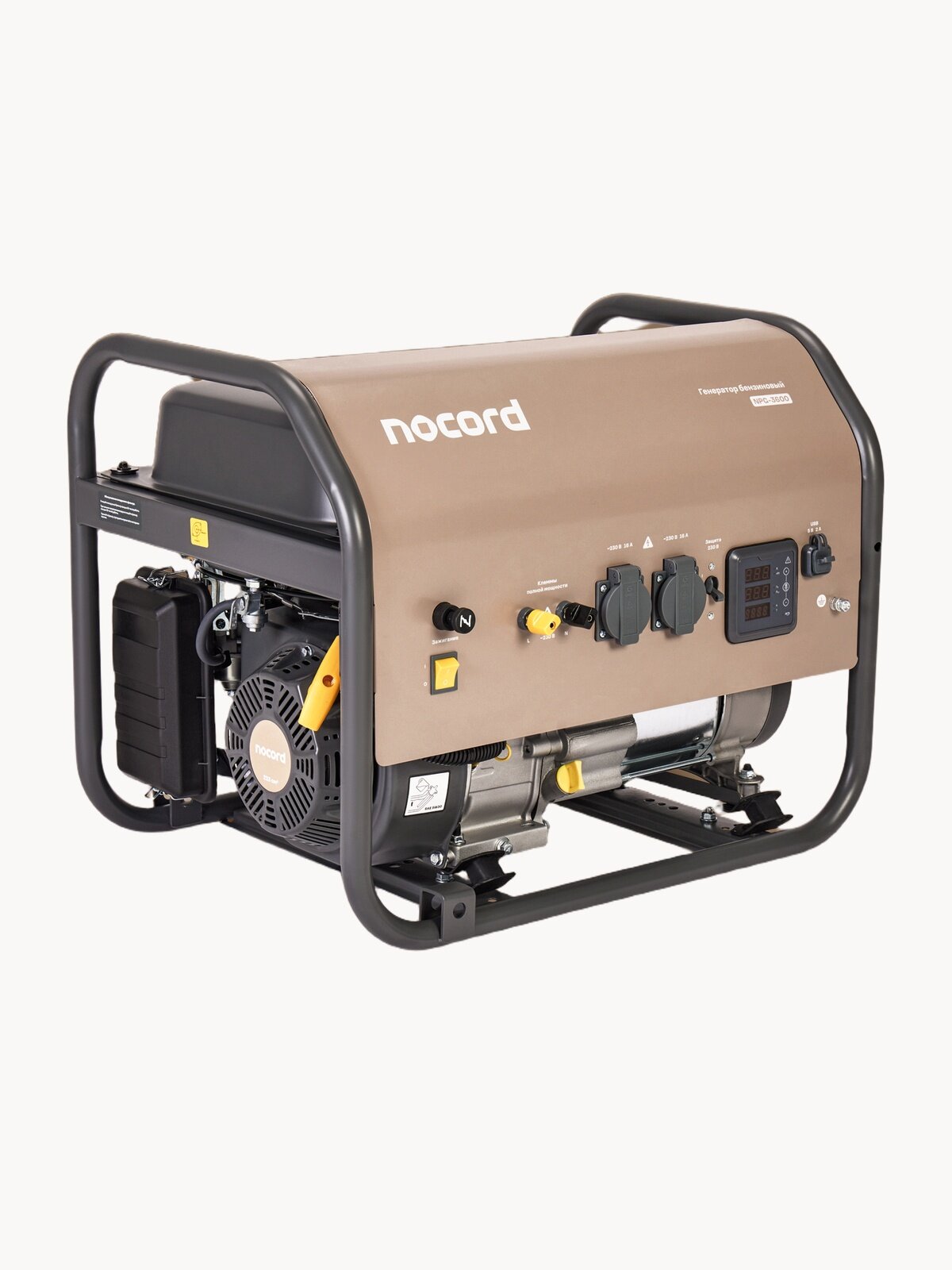Генератор бензиновый Nocord, 3.6 кВт, бак 18 л, розетки 2*16А, клеммы ~230 В, мультидисплей, медная обмотка, NPG-3600