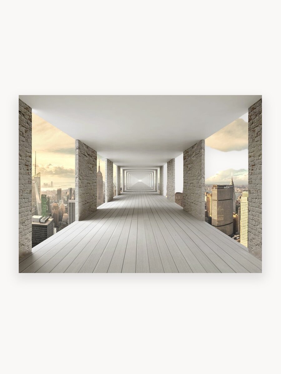 Фотообои Уютная стена "Бесконечный туннель с видом на небоскребы", флизелиновые, 370х270 см