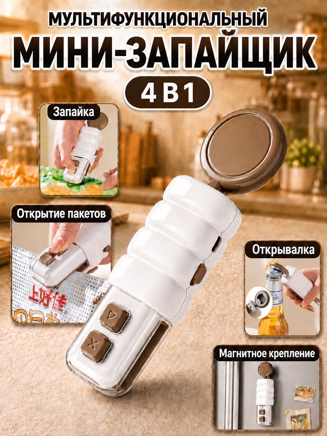 Запайщик пакетов портативный 4 в 1 с ножом и открывалкой, ручной упаковщик для продуктов на магните