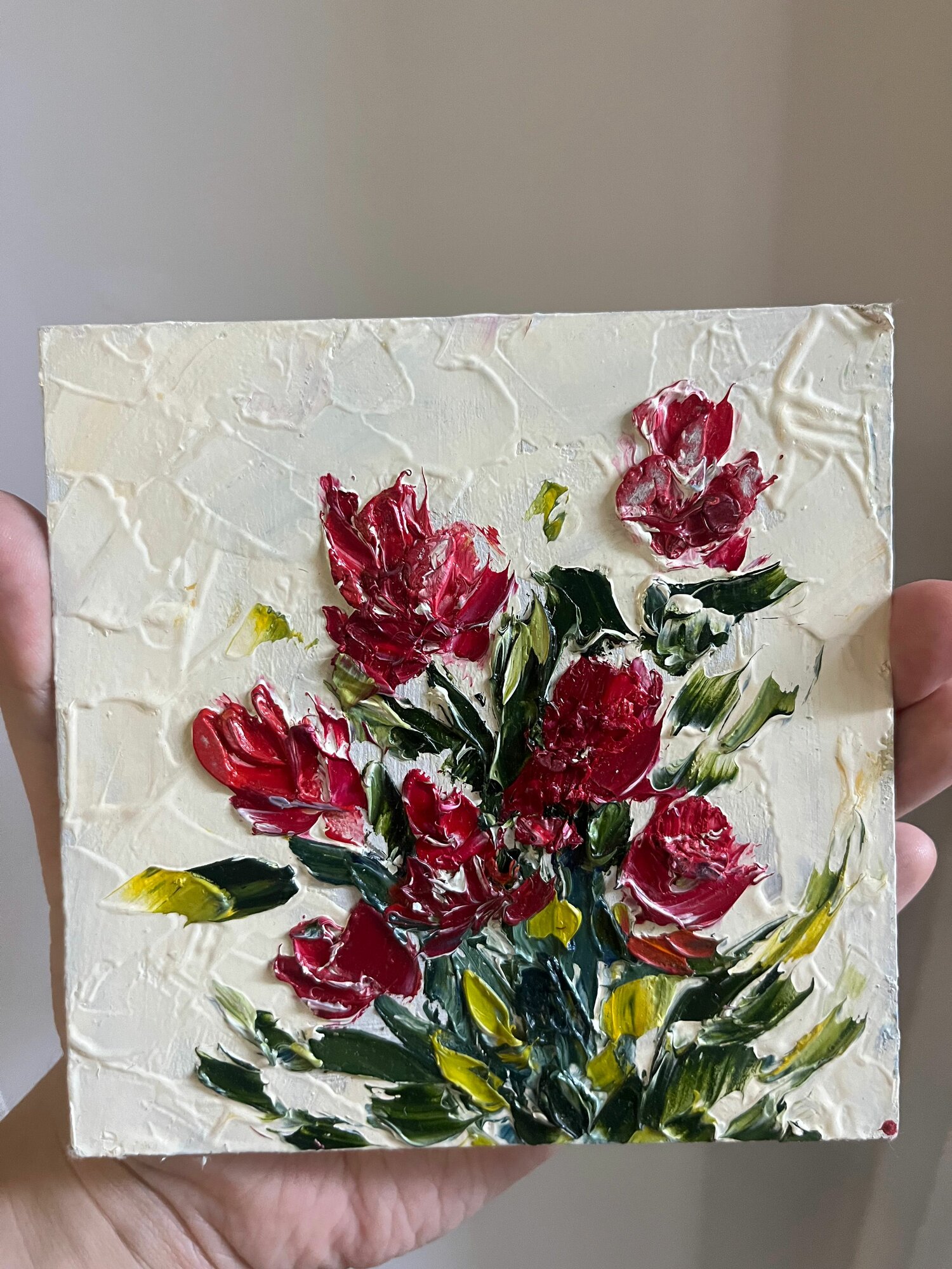 Картина маслом Красные Цветы миниатюра ручная работа 13 на 13 см