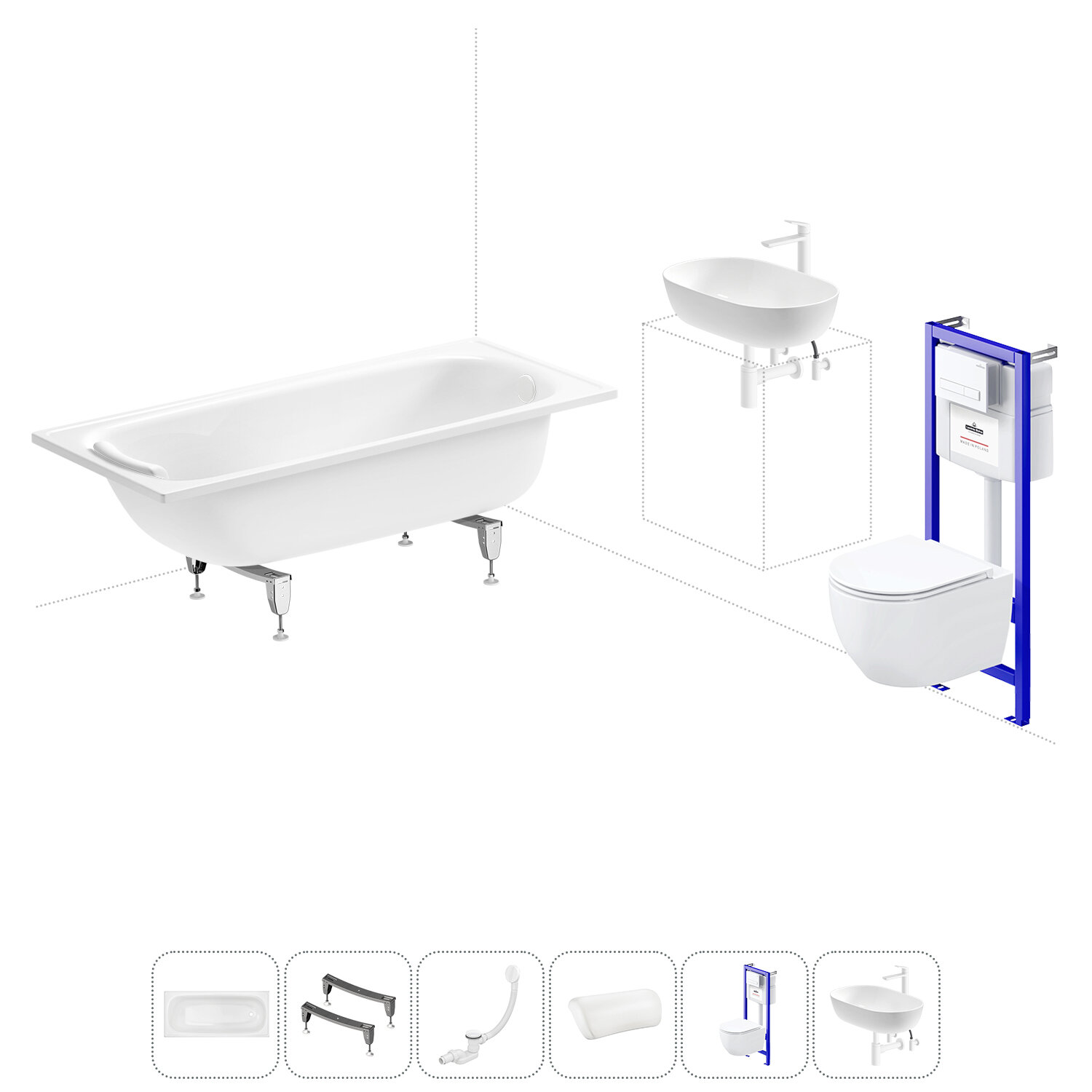 Стальная ванна 160х70 Sanitana BLB Europa 20220802R в наборе 6 в 1: металлическая ванна 160 х 70 см, ножки, слив-перелив, подголовник, инсталляция с унитазом, раковина с комплектом для подключения