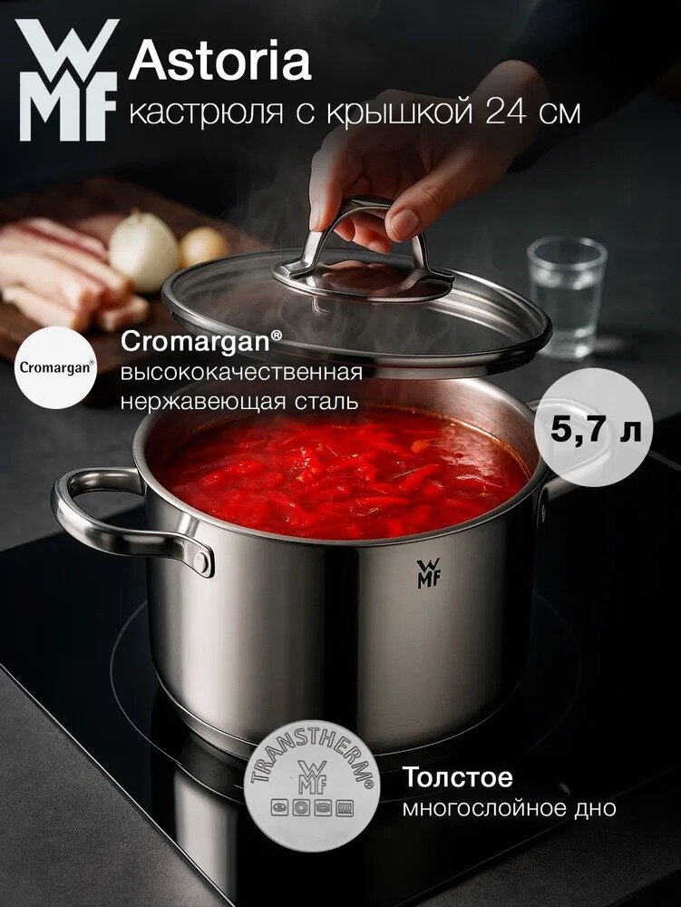 Кастрюля с крышкой WMF Astoria 24 см, для индукционных и других видов плит, из нержавеющей стали
