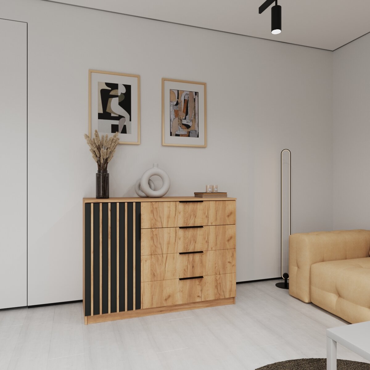 Комод Сорренто 2, 1200x910x480мм, Дуб Крафт Золотой / Антрацит, 4 ящика, 1 дверь