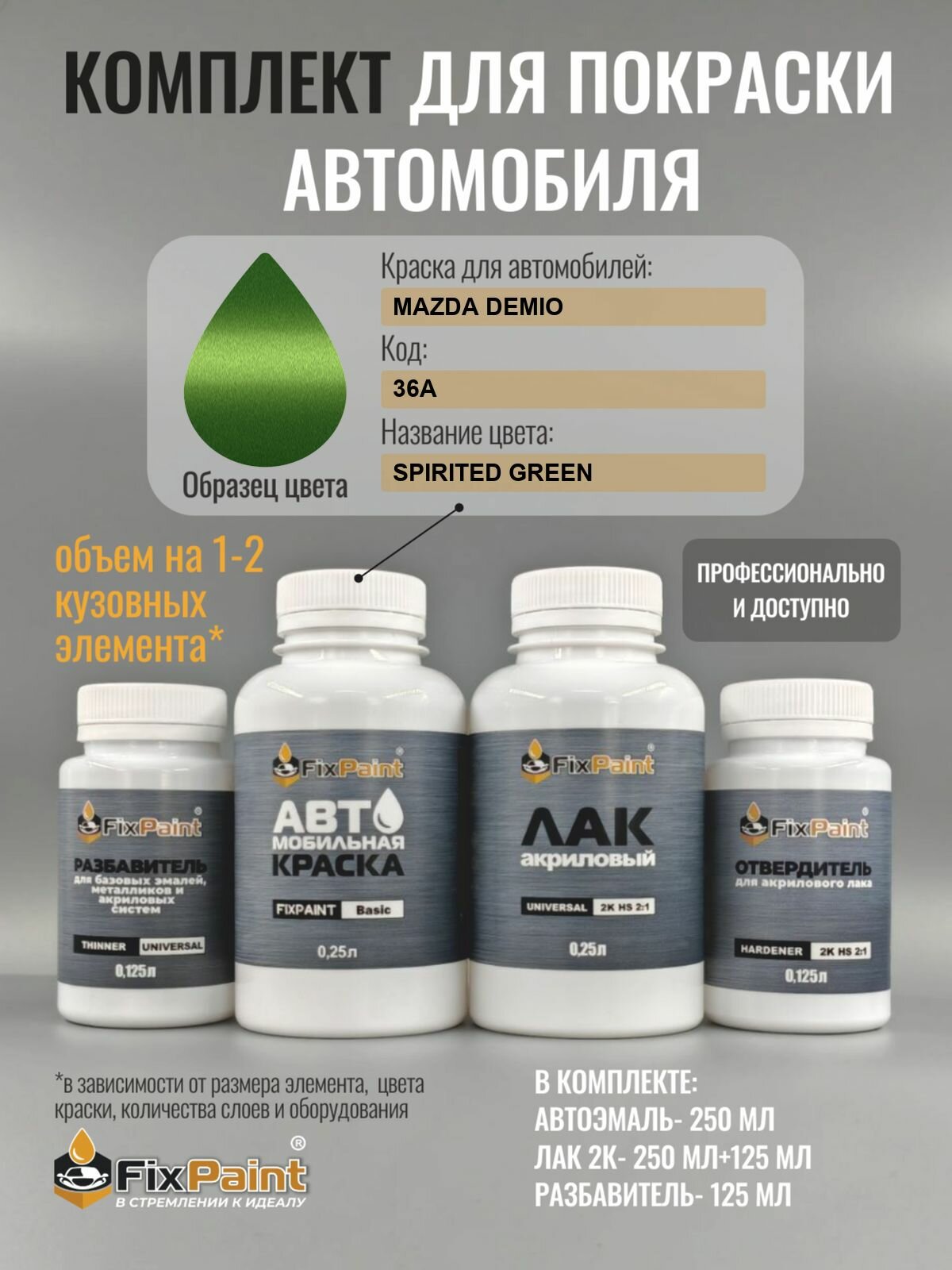 Комплект для покраски MAZDA DEMIO, код 36A, SPIRITED GREEN, базовая автомобильная краска 250 мл, лак 2K 250 мл с отвердителем, разбавитель 125 мл, FixPaint Pro