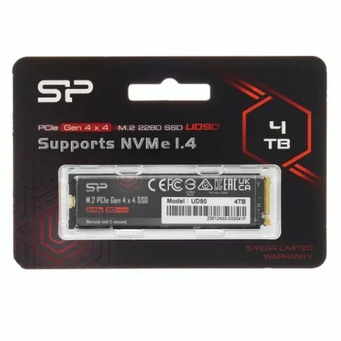 4 ТБ M.2 накопитель Silicon Power UD90 (SP04KGBP44UD9005) - PCI-E 4.0, чтение - 5000 Мбайт/сек, запись - 4500 Мбайт/сек, 3D NAND