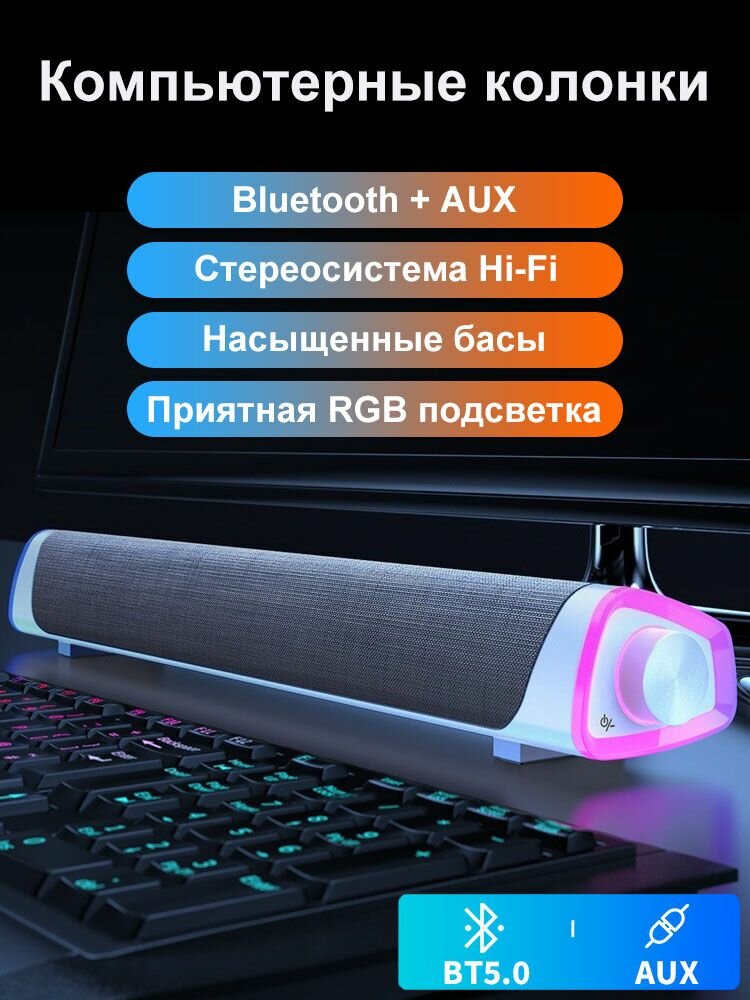 Саундбар 2025 для ПК с Объемным Звуком, Двойные Динамики, Мощный Бас, Bluetooth 5.0 Колонка для Компьютера и ТВ