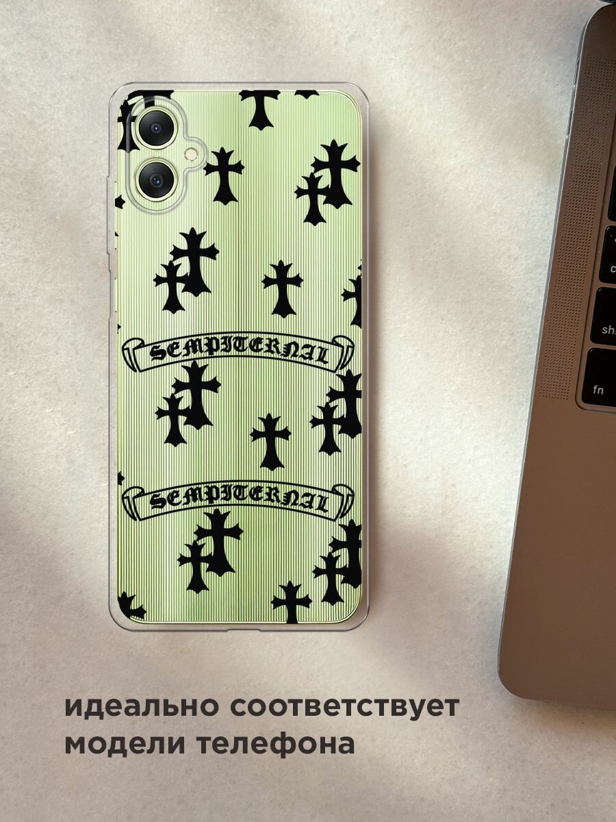 Чехол на Samsung Galaxy A06 / Самсунг Галакси А06 с принтом "Кресты паттерн чёрный", прозрачный — фото 1
