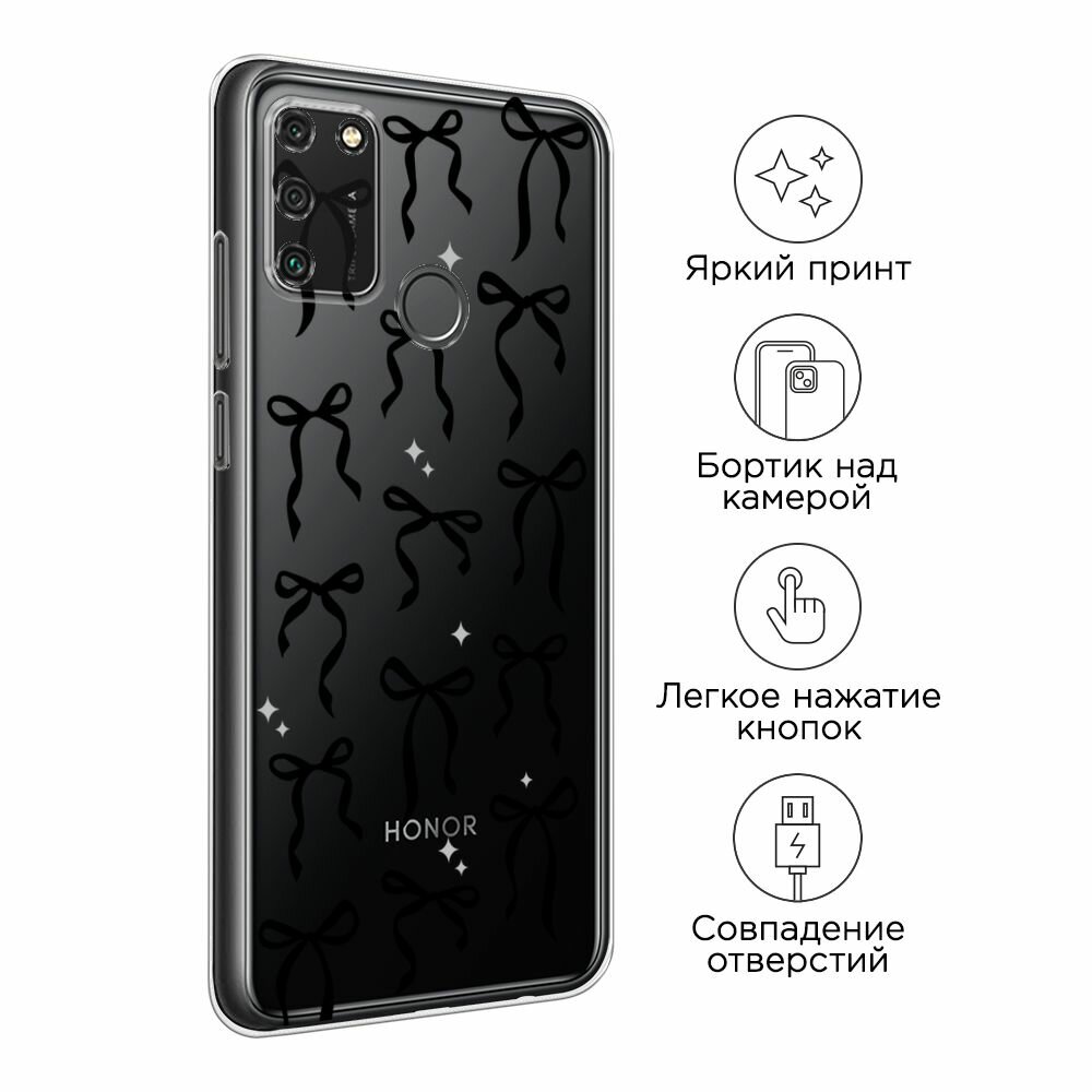 Чехол на Honor 9A / Хонор 9А с принтом "Black bows", прозрачный — фото 1