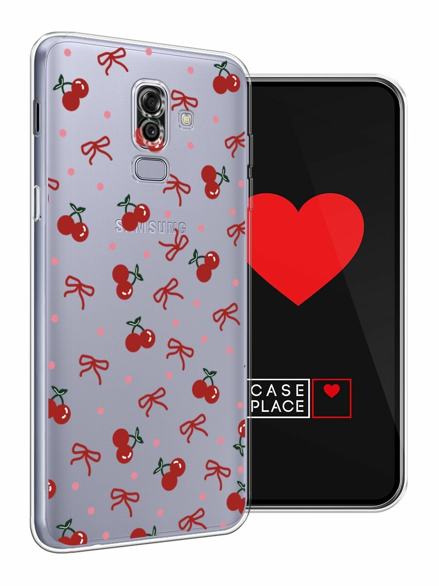 Чехол на Samsung Galaxy J8 / Самсунг Галакси Джей 8 с принтом "Вишни и ленточки", прозрачный — фото 1