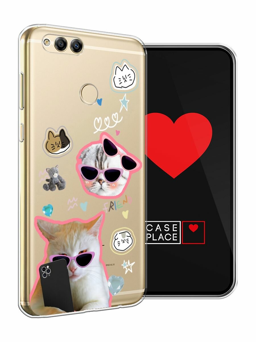 Чехол на Honor 7X / Хонор 7Х с принтом "Котики в очках 2", прозрачный — фото 1