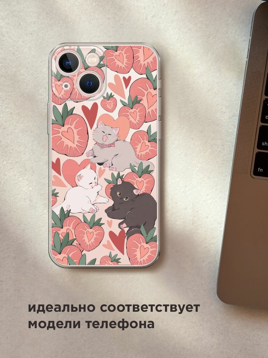 Чехол на Apple iPhone 13 mini / Айфон 13 мини с принтом "Клубничные котики", прозрачный — фото 1