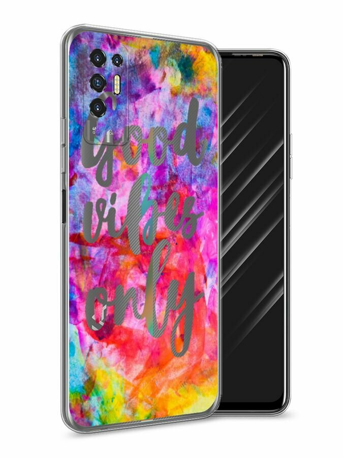 Чехол на Tecno Pova 2 / Текно Пова 2 с принтом Good vibes only радуга, прозрачный