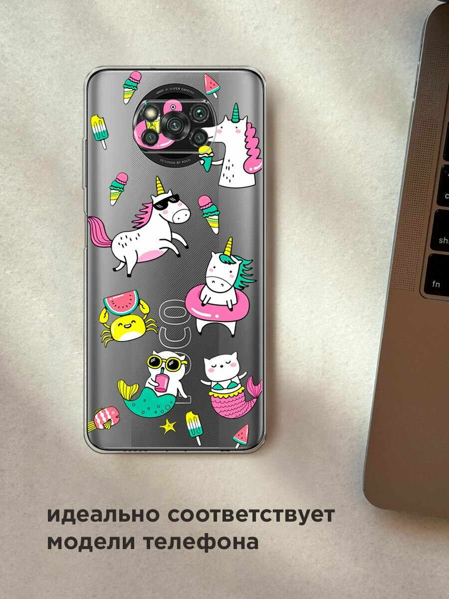 Чехол на Xiaomi Poco X3/X3 Pro / Поко X3/X3 Pro с принтом "Единороги в отпуске", прозрачный — фото 1